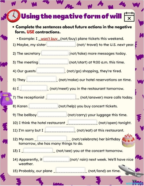 Negative form of will. Interactive worksheet | TopWorksheets