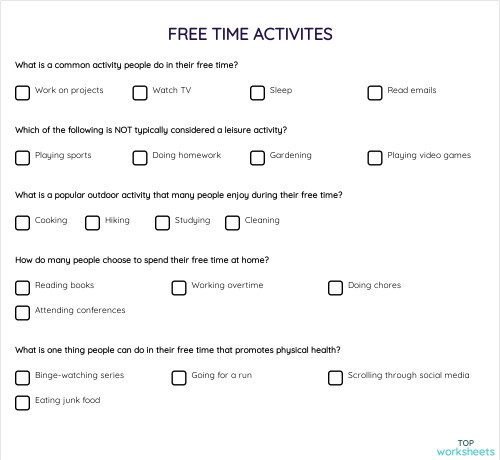 FREE TIME ACTIVITES. Interactive worksheet | TopWorksheets