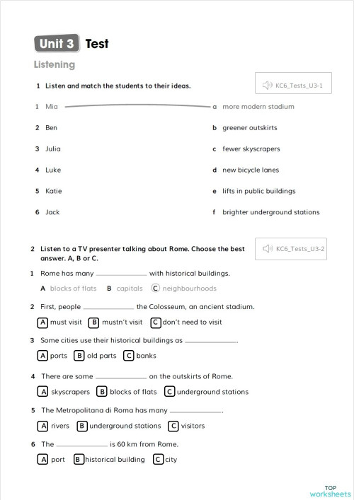 Test Unit 3 Listening Kids Can! 5. Interactive worksheet | TopWorksheets