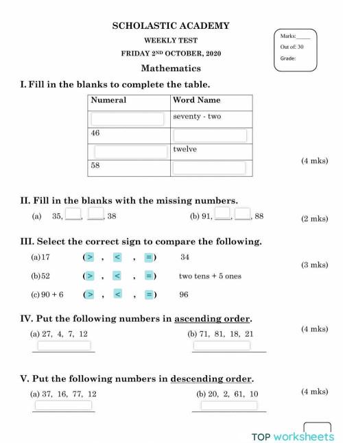 Mathematics Weekly Test 2.10.20. Interactive worksheet | TopWorksheets
