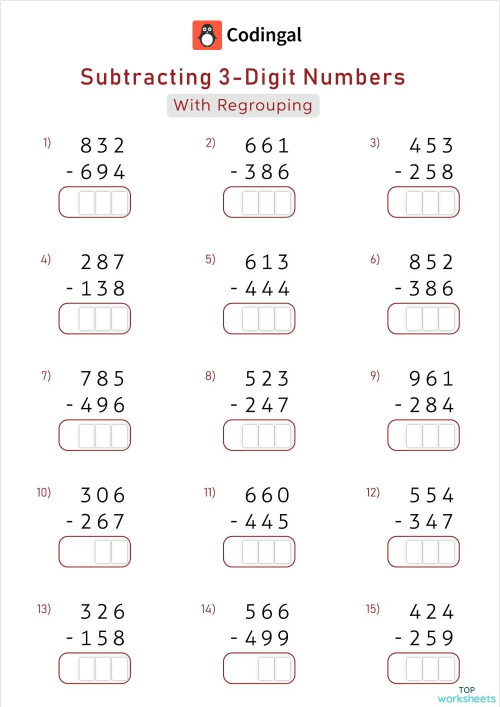 M_G02M06L28_WE01_Subtracting 3-digit Numbers With Re-Grouping. Interactive worksheet | TopWorksheets