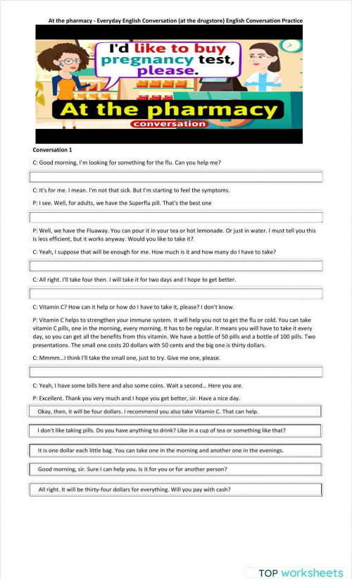 At the pharmacy - Everyday English Conversations. Interactive worksheet ...