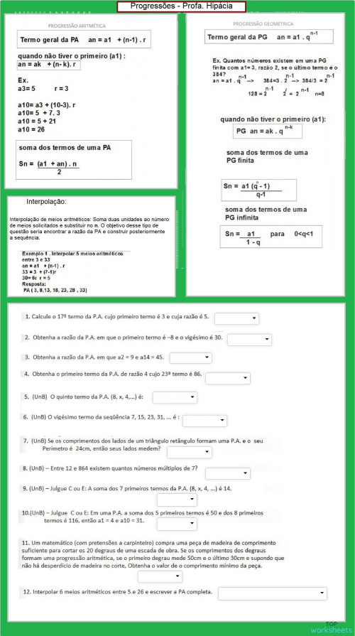 Progressão Aritmética e Geométrica. Ficha interativa | TopWorksheets