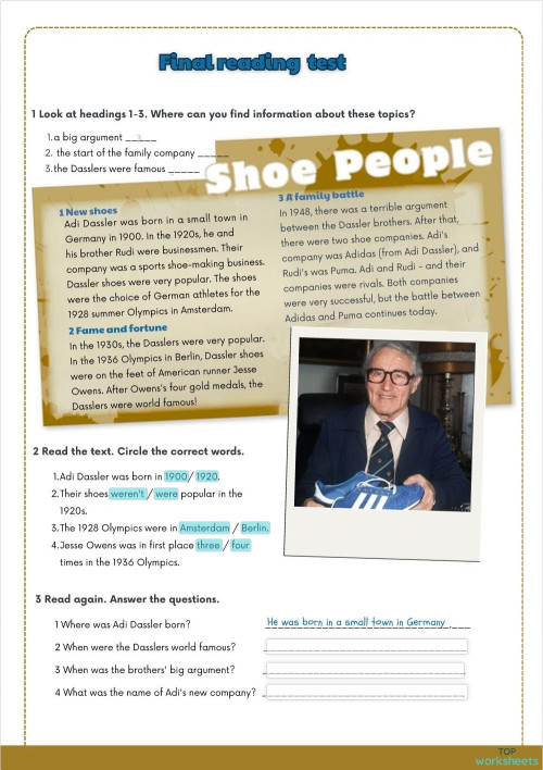 VI U. Final Reading test: Shoe people 3rd. Interactive worksheet ...