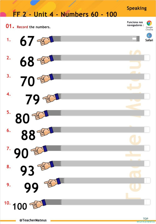FF 2 - Unit 4 - Numbers 60 to 100 - Speaking. Interactive worksheet ...