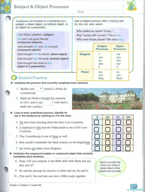 Lesson 83: Subject and Object Pronouns Pg 159. Interactive worksheet ...