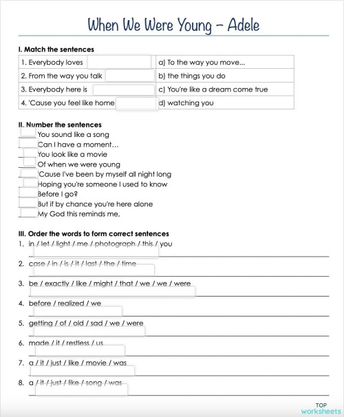 When We Were Young Canción de Adele 1. Interactive worksheet ...