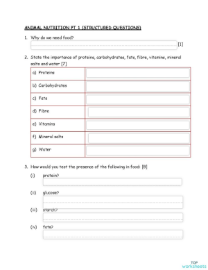 Animal nutrition Pt 1 (structured questions). Interactive worksheet ...