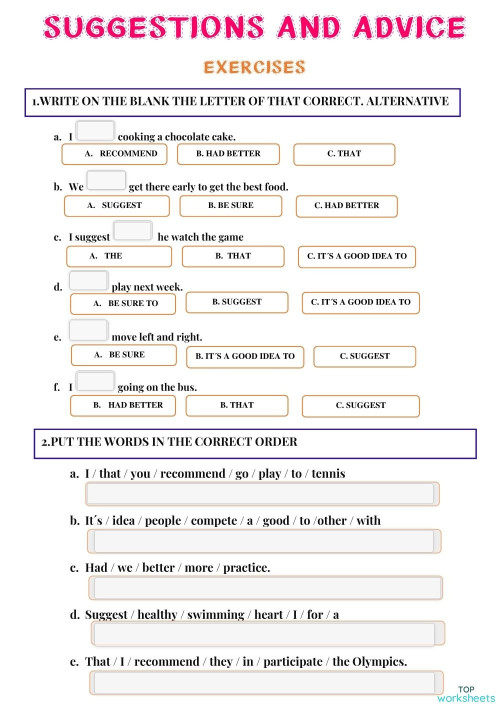 SUGGESTIONS AND ADVICE - EXERCISES. Interactive worksheet | TopWorksheets