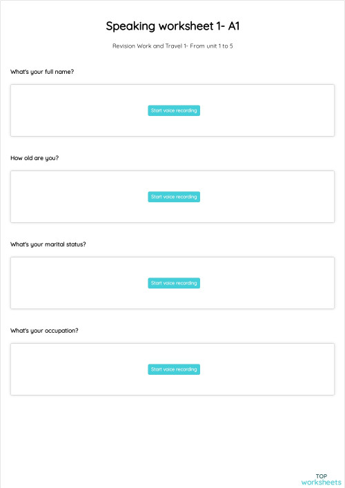 Speaking worksheet 1- A1. Interactive worksheet | TopWorksheets