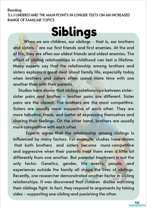 Siiblings reading comprehension. Interactive worksheet | TopWorksheets