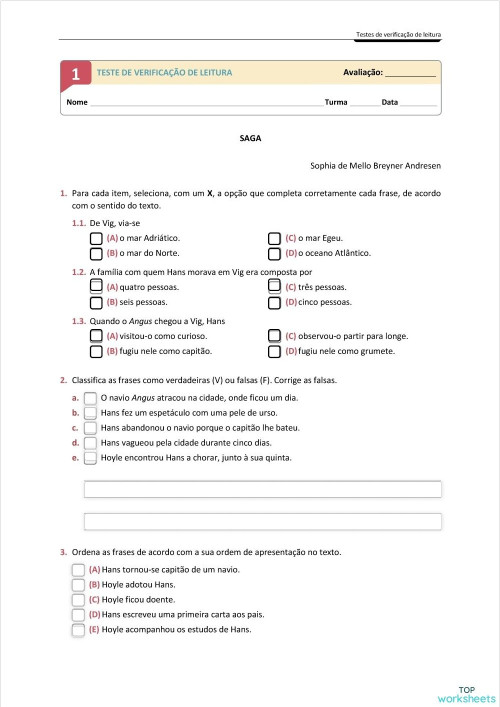Saga - Teste de verificação de leitura. Ficha interativa | TopWorksheets