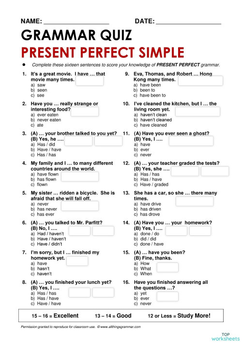Present perfect quiz. Interactive worksheet | TopWorksheets
