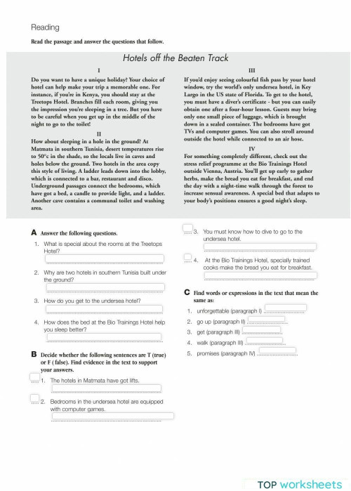Hotels off the Beaten Track. Interactive worksheet | TopWorksheets