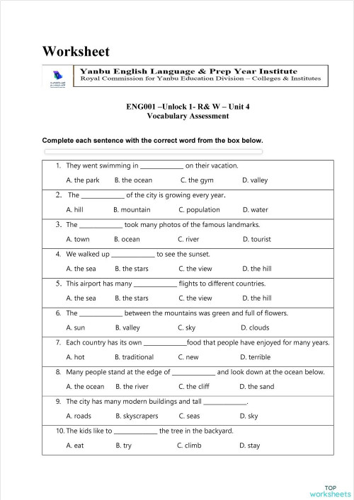 Unit 4 Vocabulary Worksheet. Interactive worksheet | TopWorksheets