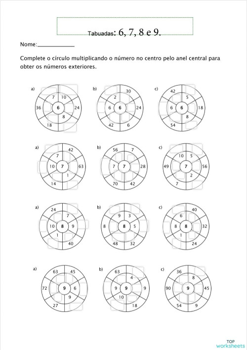Tabuadas do 6, 7, 8 e 9.. Ficha interativa | TopWorksheets