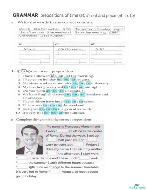 ACTIVITY 2-GRAMMAR: PREPOSITIONS OF TIME AND PLACE. Interactive ...