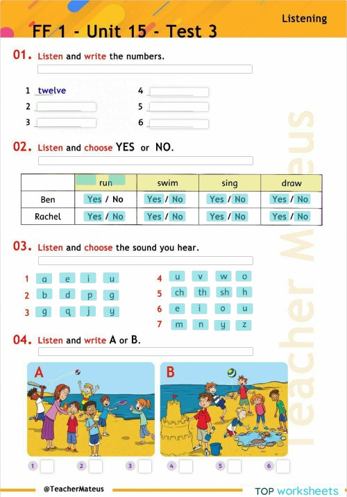 FF 1 - Unit 15 - Test 3 - Listening. Interactive worksheet | TopWorksheets