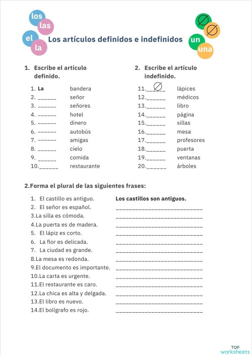 Los artículos definidos e indefinidos. Ficha interactiva | TopWorksheets