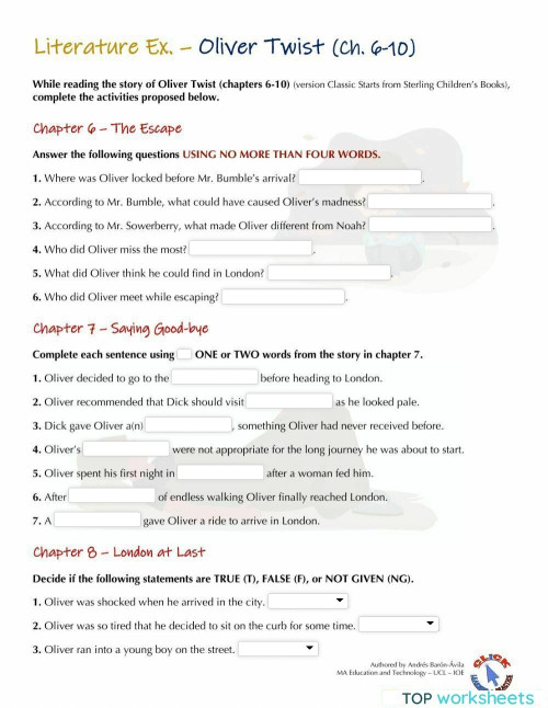 Literature Ex - Oliver Twist (Ch. 6-10). Interactive worksheet ...