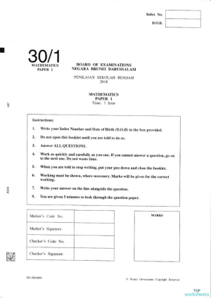 PSR 2018 MATHEMATICS PAPER 1 PART 1. Interactive worksheet | TopWorksheets