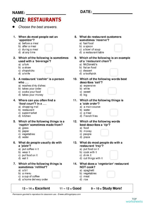 Quiz: Restaurants. Interactive worksheet | TopWorksheets