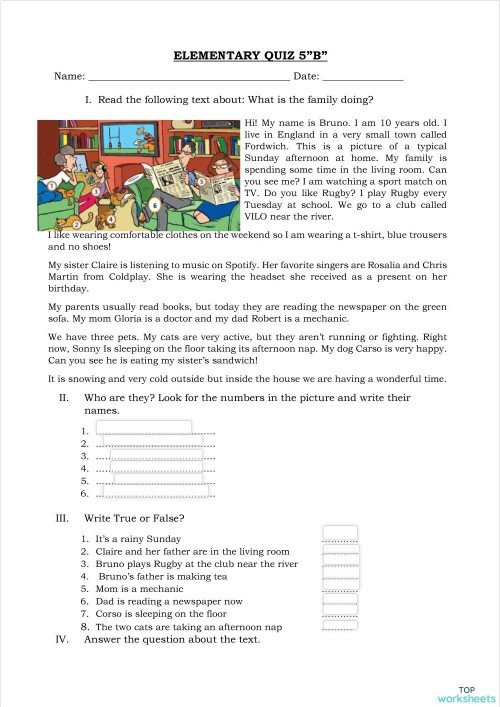 ELEMENTARY ENGLISH QUIZ 5 B. Interactive worksheet | TopWorksheets