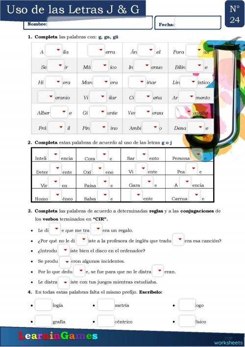 Uso de las Letras "G" & "J". Ficha interactiva | TopWorksheets