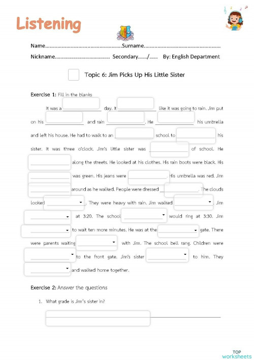 Topic 7 : Listening Skill. Interactive worksheet | TopWorksheets