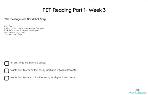 PET Reading Part 1- Week 3. Interactive worksheet | TopWorksheets
