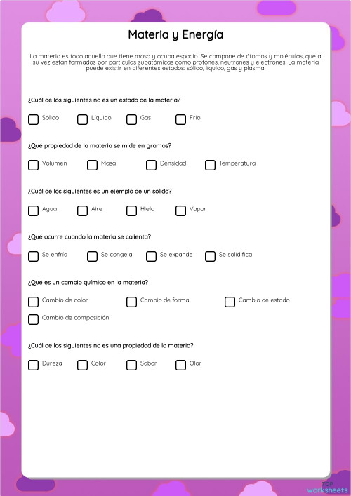 Materia y Energía. Ficha interactiva | TopWorksheets