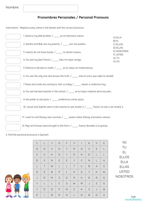 Pronombres Personales (Practica 3). Interactive worksheet | TopWorksheets