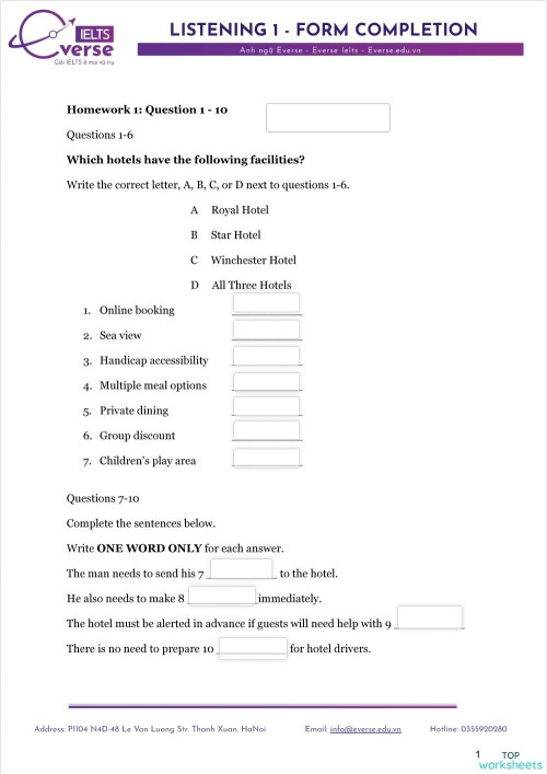 1-1 Homework Listening 1 - Form completion. Interactive worksheet ...
