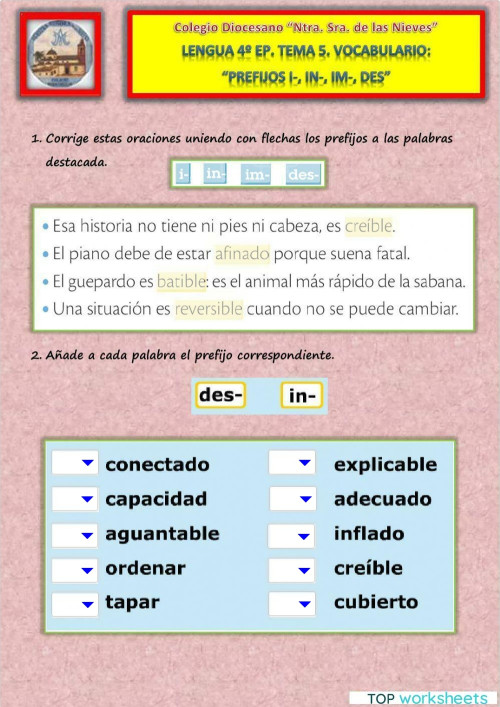 Prefijos i-, in-, im-, des-. Ficha interactiva | TopWorksheets