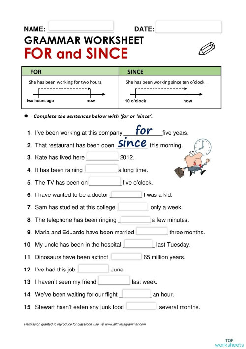 PRESENT PERFECT:SINCE & FOR. Interactive worksheet | TopWorksheets