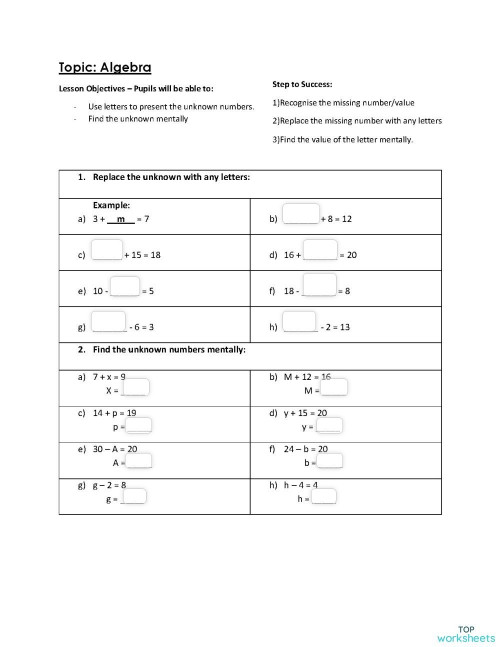 Algebra: Finding the value of the unknown mentally. Interactive ...