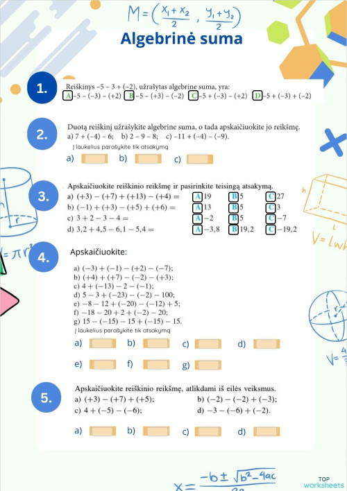 Algebrinė suma. Interactive worksheet | TopWorksheets