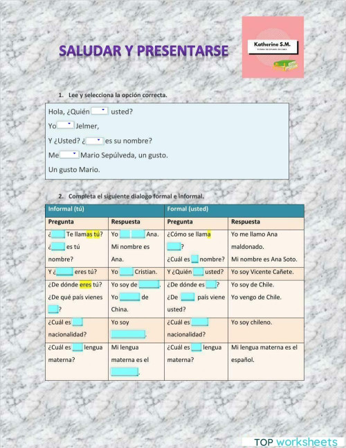 Saludar y presentarse en español A-1. Ficha interactiva | TopWorksheets