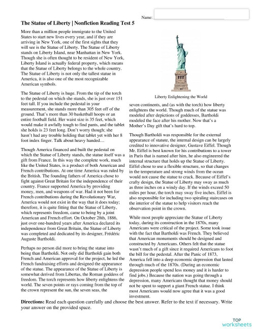 Reading comprehension-The statue of liberty. Ficha interactiva ...