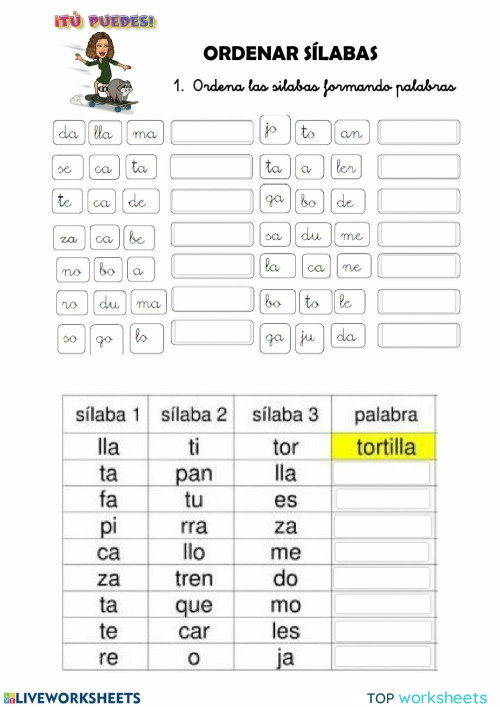 Ordenar silabas. Ficha interactiva | TopWorksheets