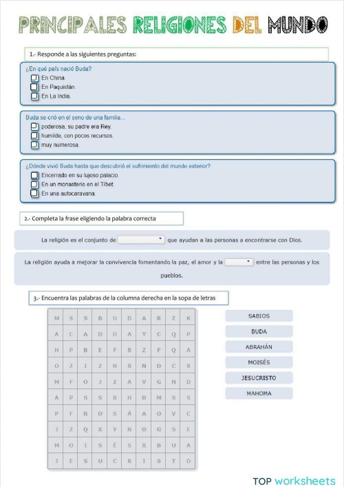 Principales religiones. Ficha interactiva | TopWorksheets