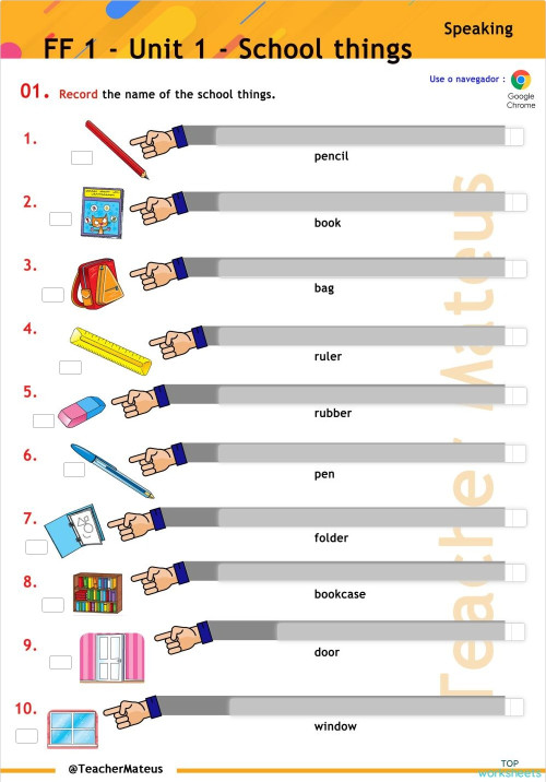 FF 1 - Unit 01 - 1 - School things - Speaking - TM0XX. Interactive worksheet | TopWorksheets