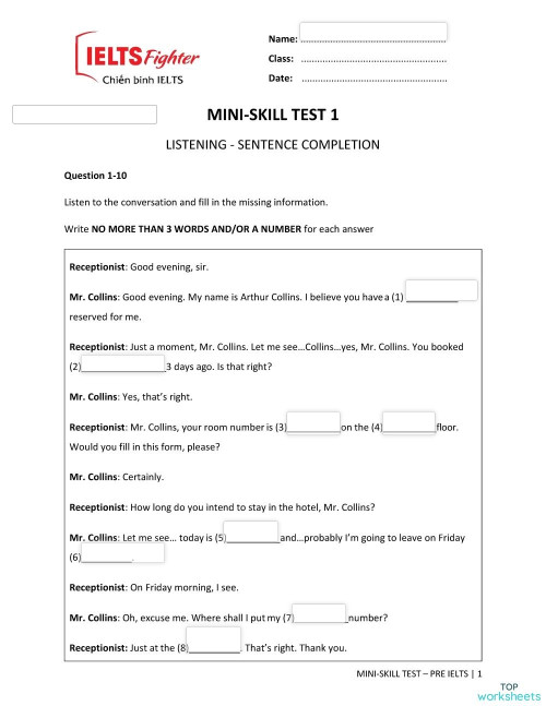 Pre Junior Mini Test 1 - Listening Reading. Interactive worksheet ...