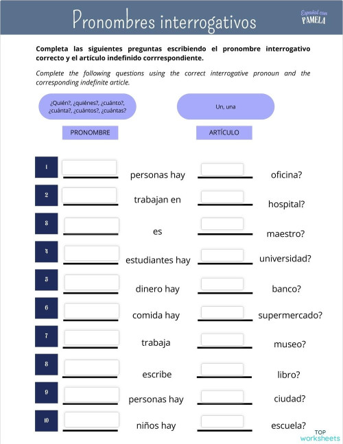 Pronombres interrogativos. Ficha interactiva | TopWorksheets