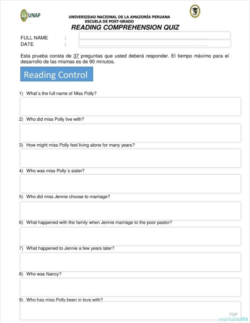 Control 1 Pollyanna. Interactive worksheet | TopWorksheets