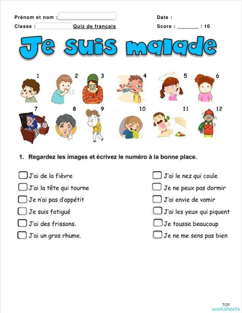 Je suis malade. Fiche interactive | TopWorksheets