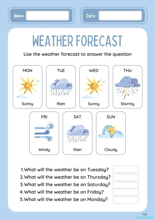 Blue Simple Weather Forecast Worksheet ใบงานเชิงโต้ตอบ | TopWorksheets