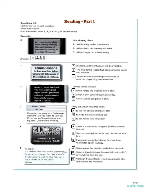 PET-READING PART 1-EXERCISE 1. Interactive worksheet | TopWorksheets