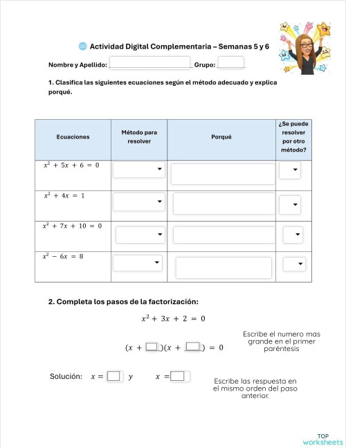 Actividad complementaria-Ecuaciones cuadráticas. Ficha interactiva ...