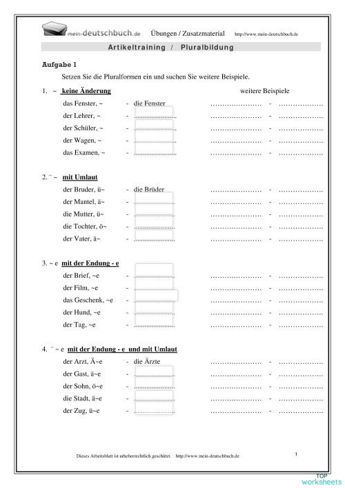 Artikeltraining / Pluralbildung. Interaktives Arbeitsblatt | TopWorksheets